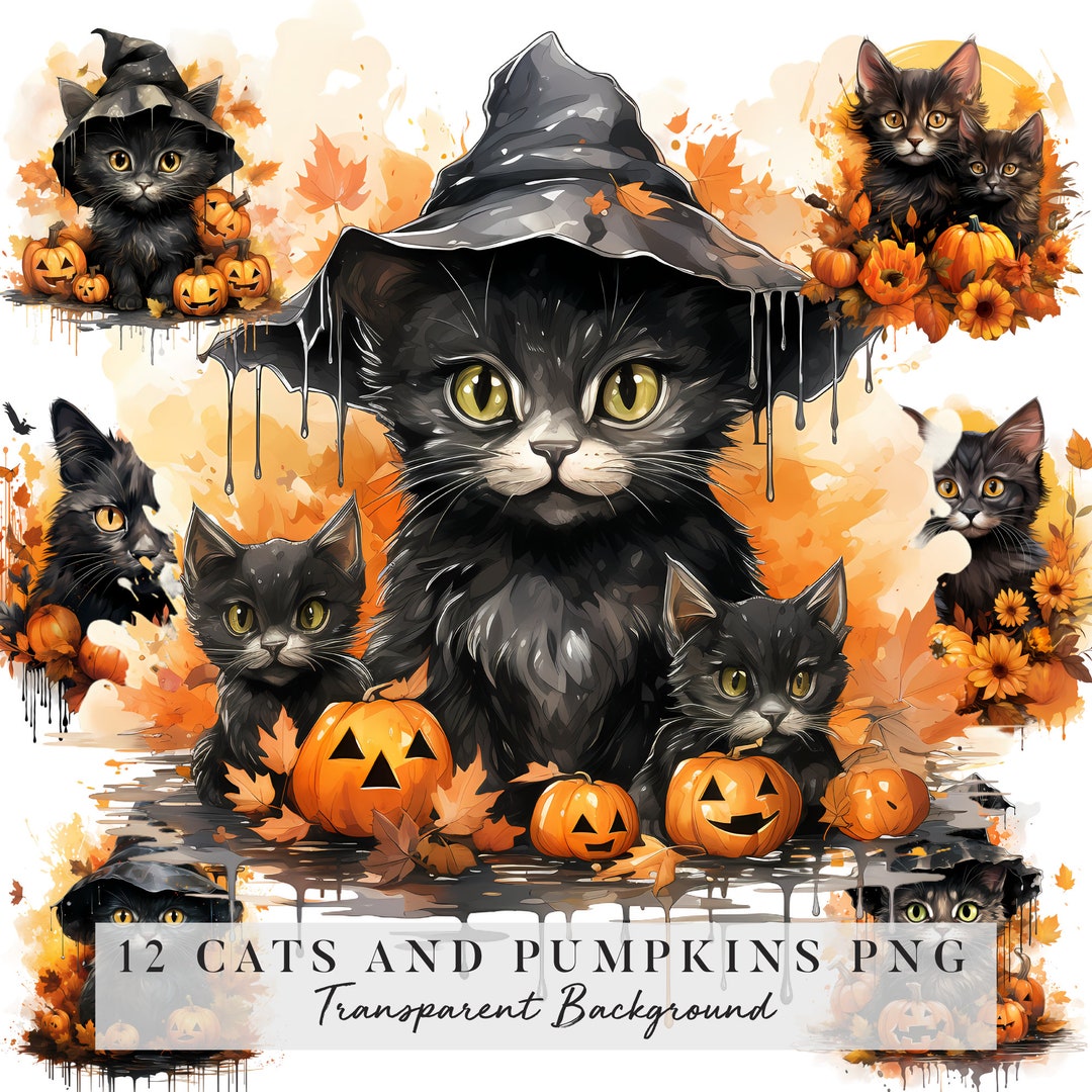 Halloween Watercolor Cats and Pumpkins Clipart Set, Autumn Cute Cats ...