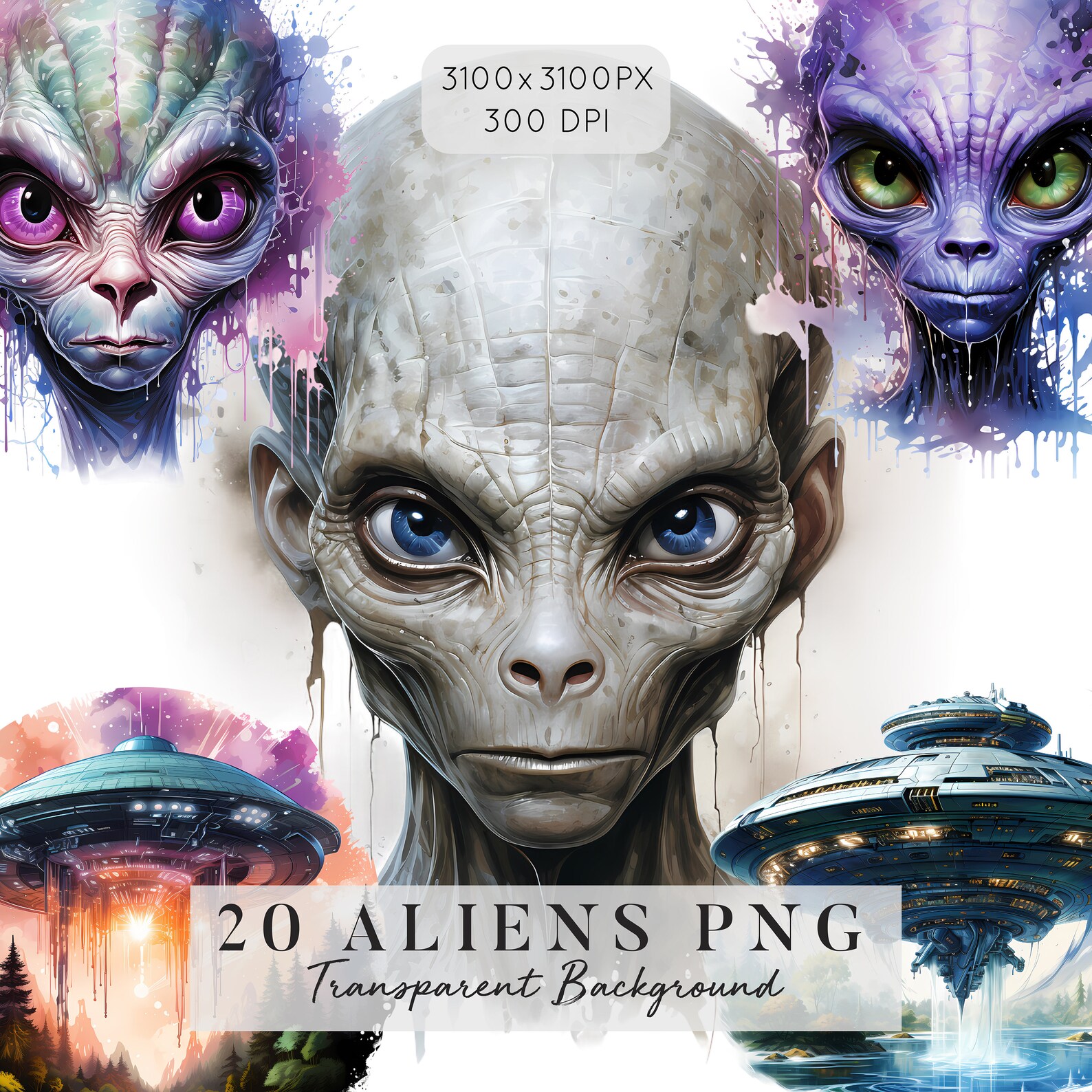 21 Aliens Clipart, PNG With Transparent Background, Watercolor UFO ...