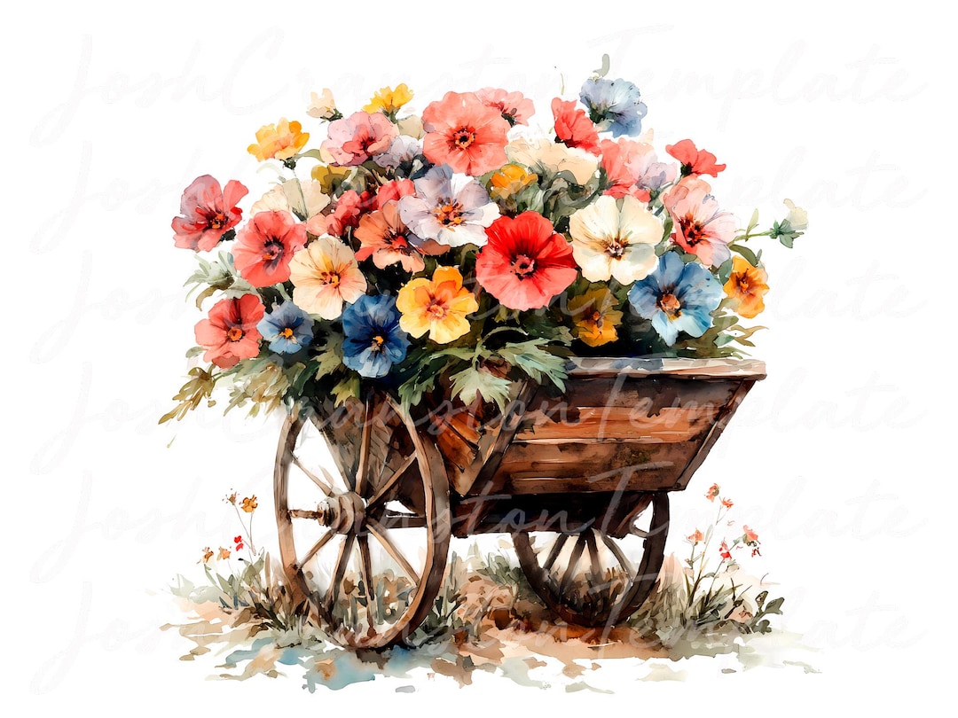 12 Floral Spring Cart Clipart, Digital Watercolor Flowers PNG, Spring ...