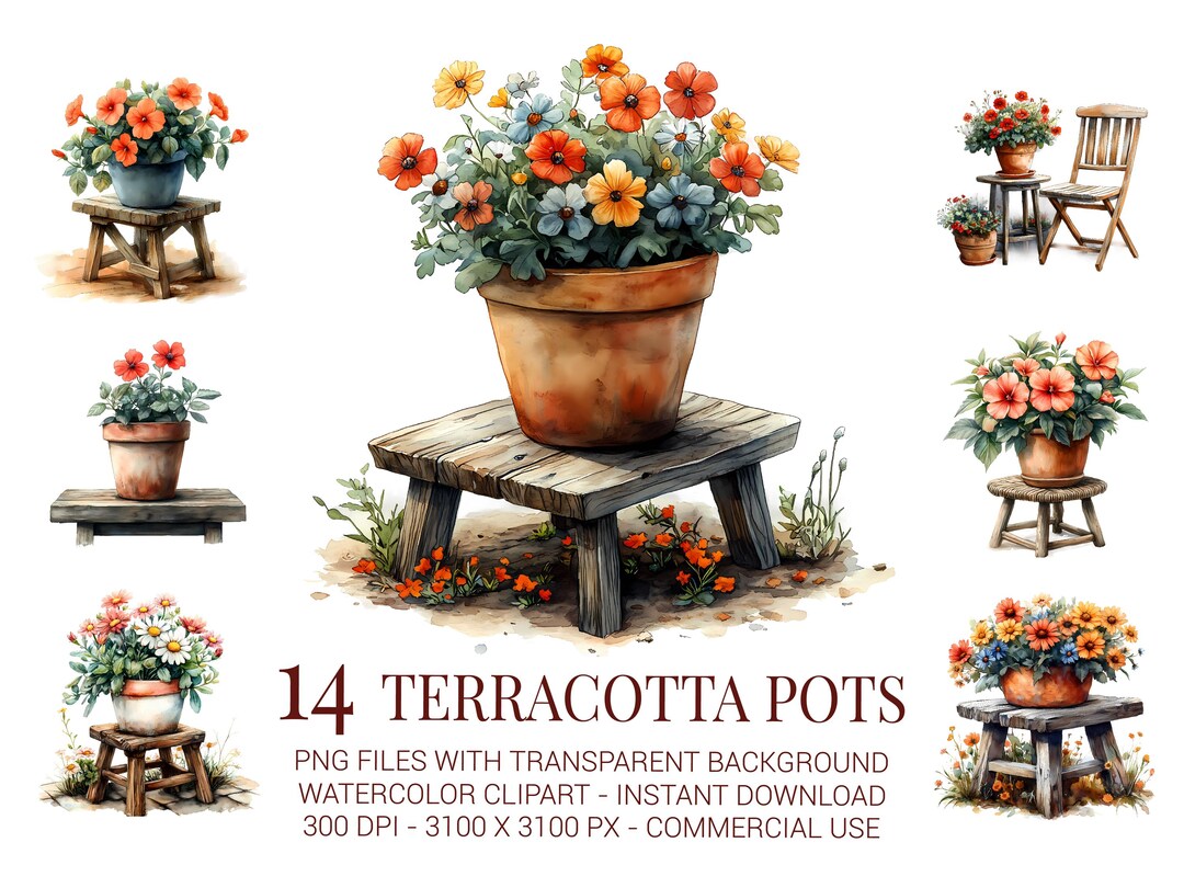 Red Flower Pot Clipart: Spring Garden Illustration (digital Download ...