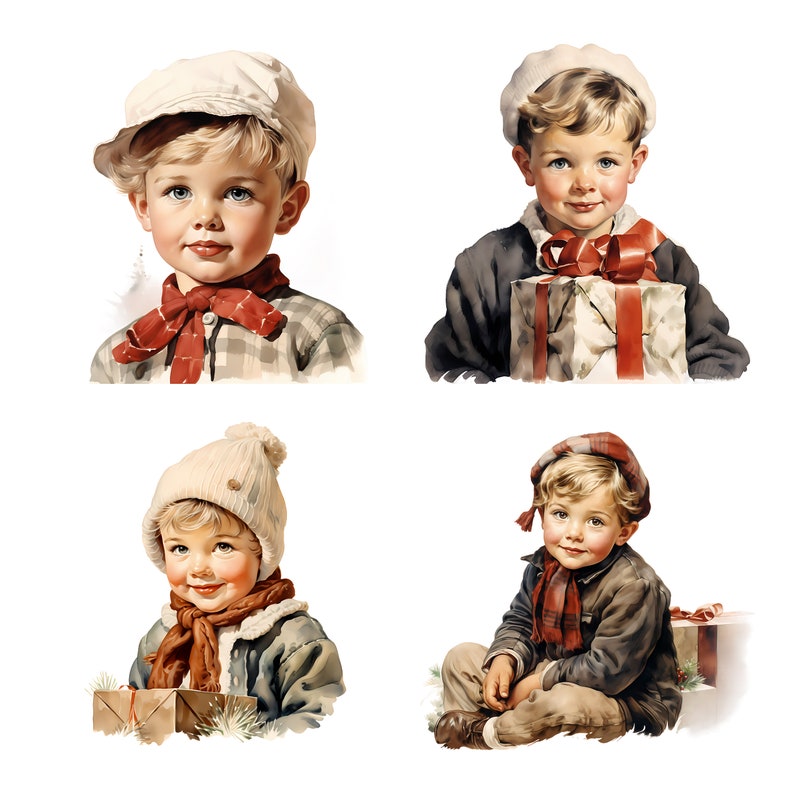 16 Vintage Christmas Little Boy Clipart, Watercolor Little Boy With ...