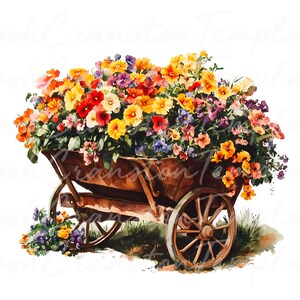 12 Floral Spring Cart Clipart, Digital Watercolor Flowers PNG, Spring ...