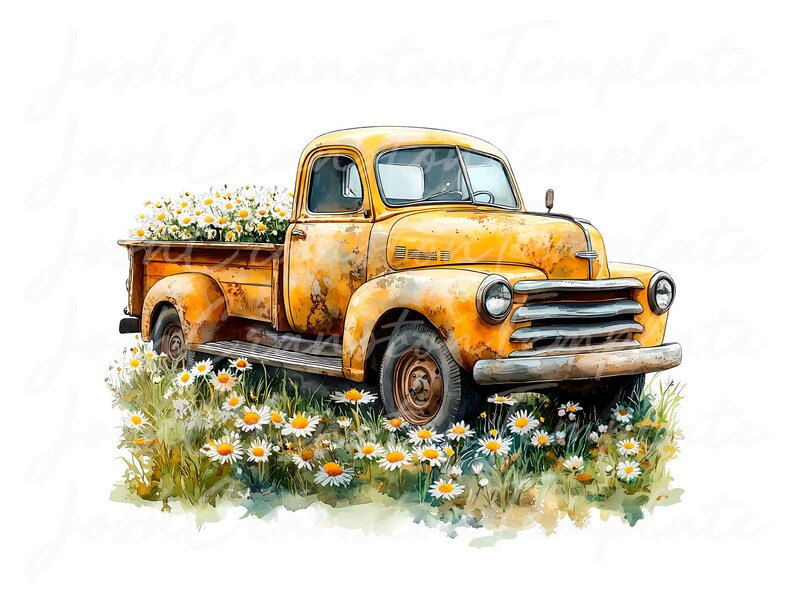 18 Vintage Truck Spring Flowers Illustration, Spring Digital Clipart ...