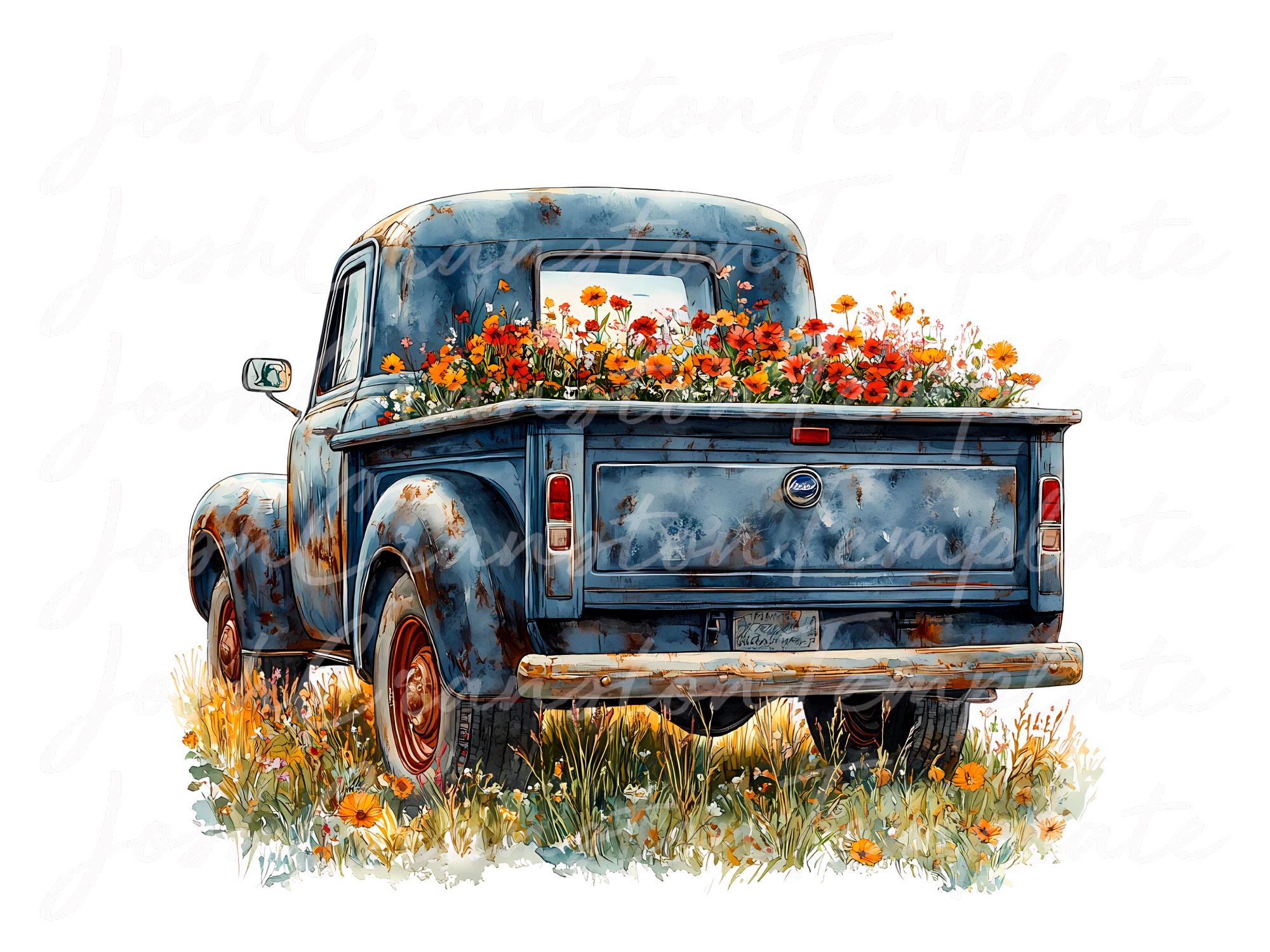 14 Vintage Truck Spring Flowers Clipart, Watercolor Floral Bouquet ...