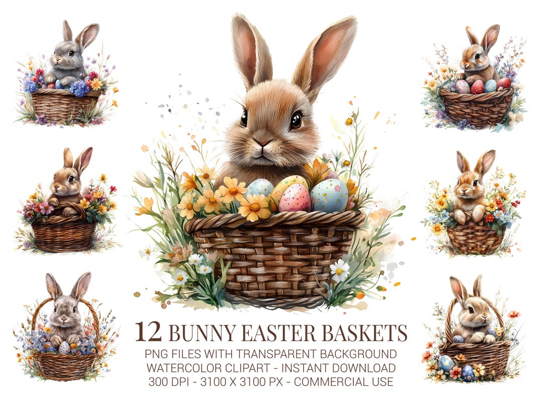 Watercolor Bunny Easter Basket Clipart: Spring Floral Pngs (digital ...