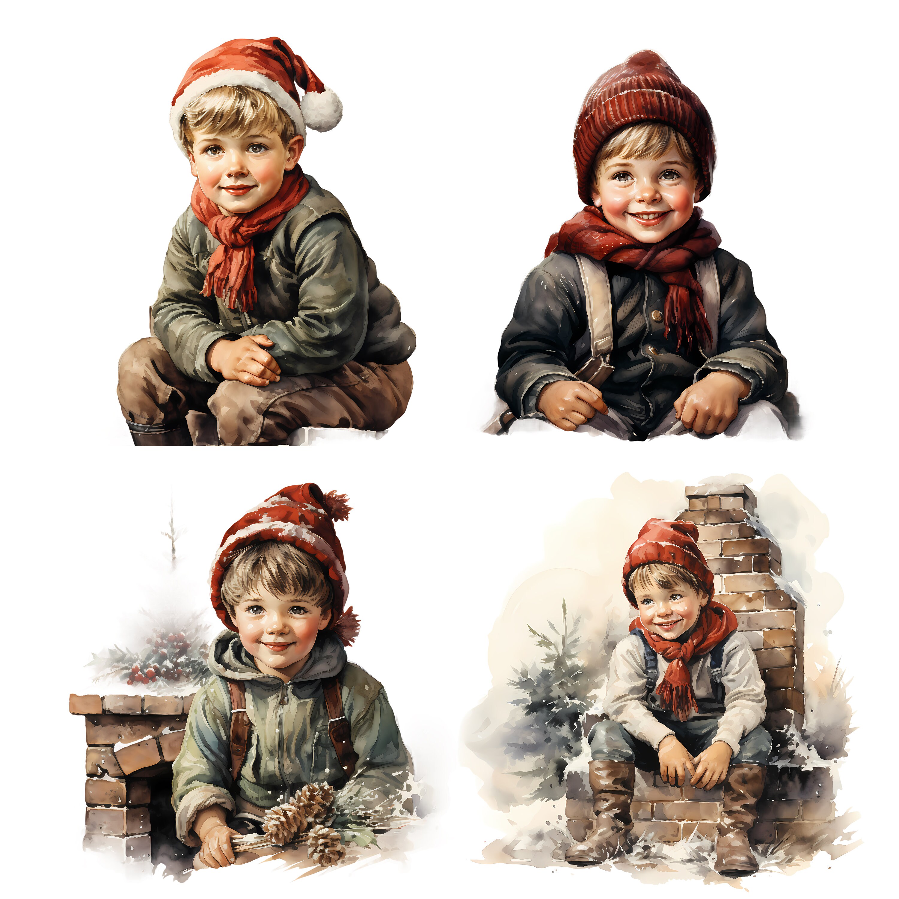 17 Retro Christmas Little Boy Clipart, Watercolor Little Boy With ...