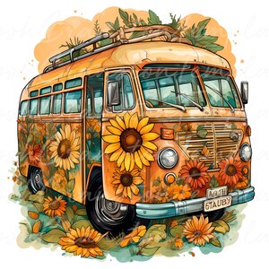 12 Vintage Floral Bus Art Print, Retro Sunflower Bus Illustration, Boho ...