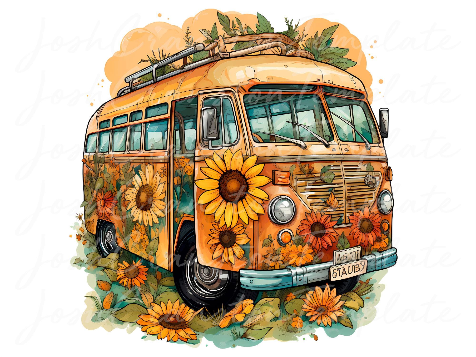 12 Vintage Floral Bus Art Print, Retro Sunflower Bus Illustration, Boho ...