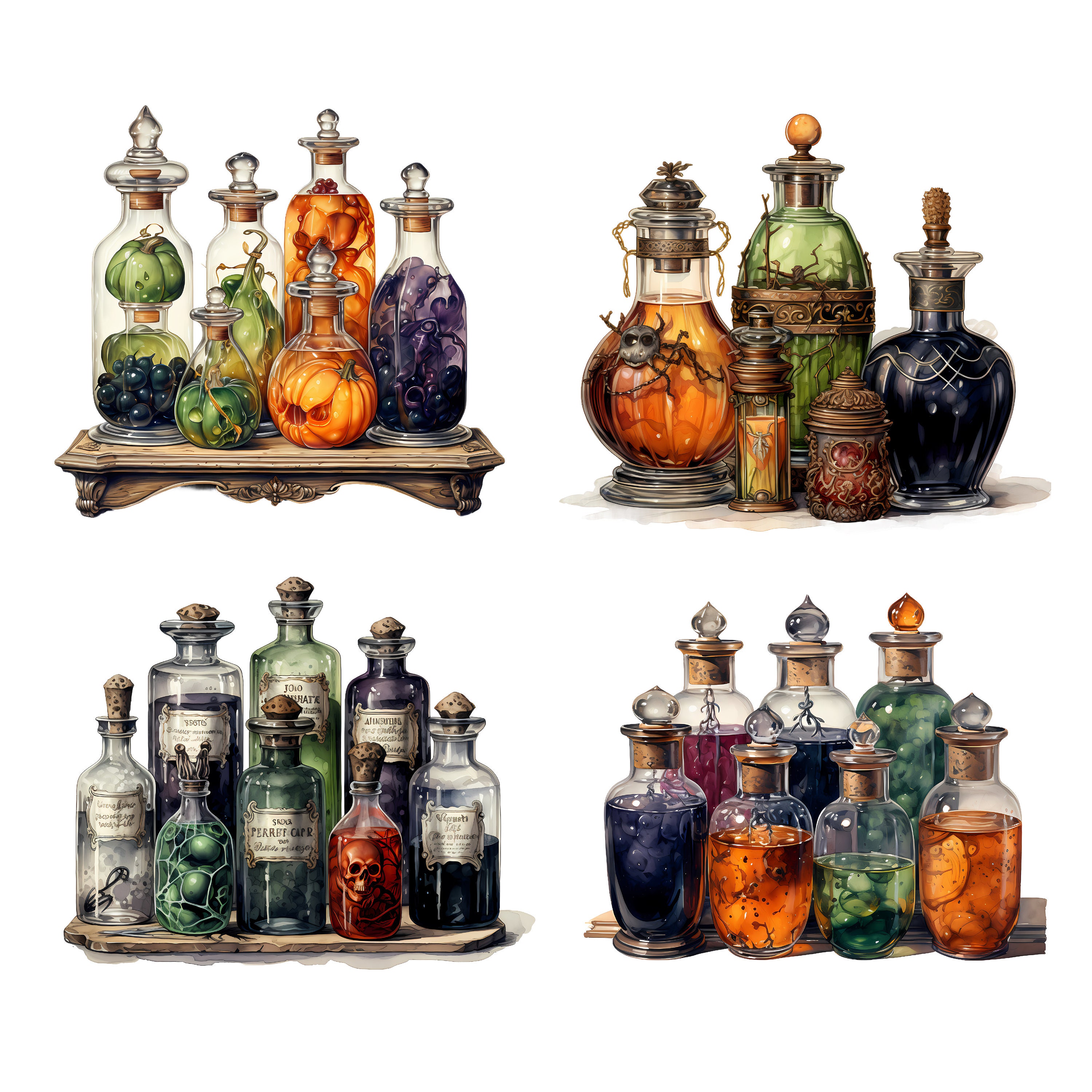 20 Halloween Potion Bottles Clipart, Watercolor Potion Botttle With ...