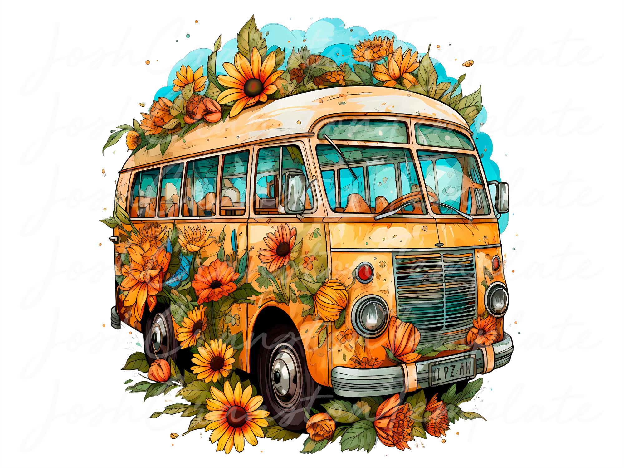 12 Vintage Floral Bus Art Print, Retro Sunflower Bus Illustration, Boho ...