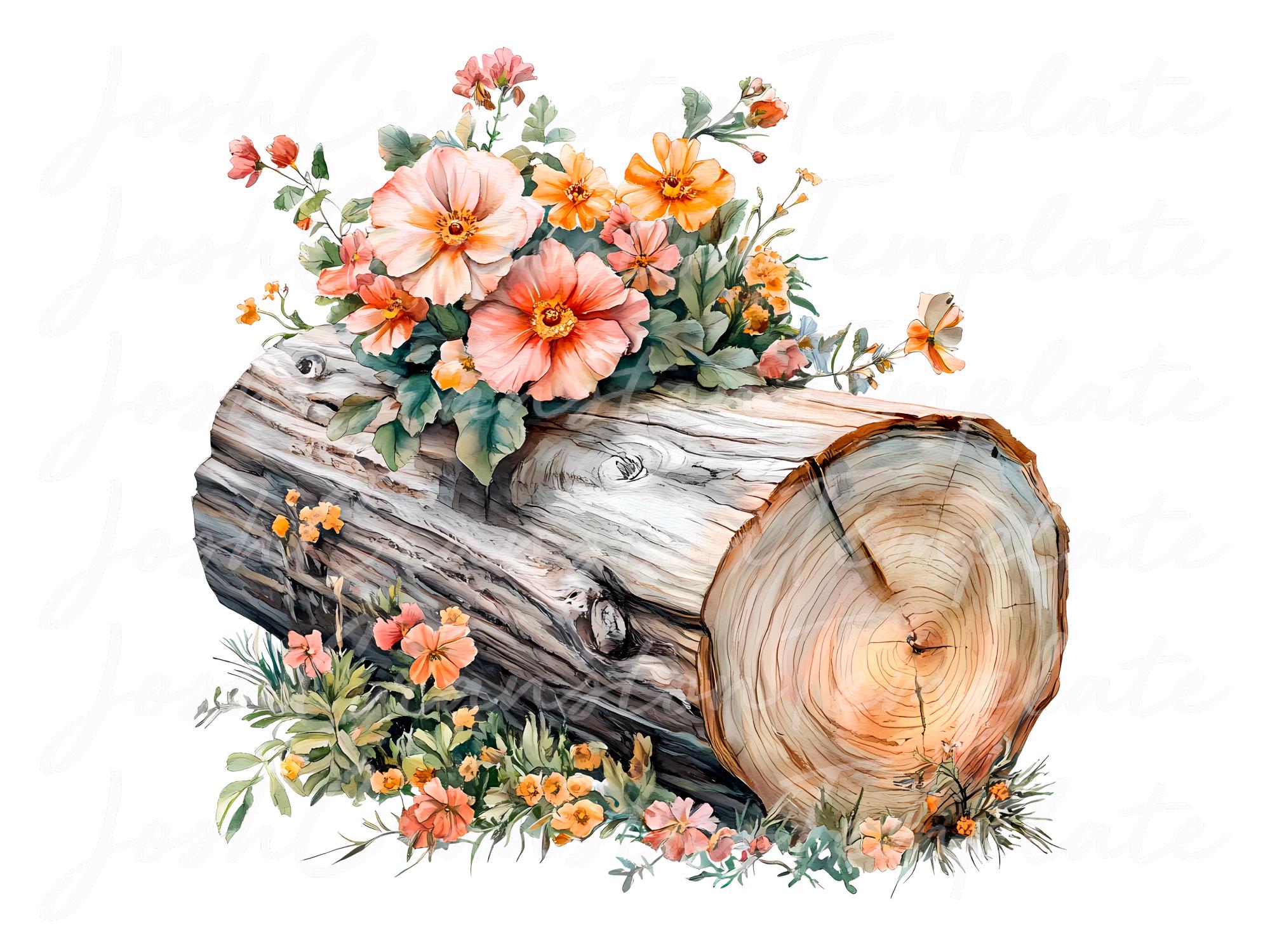 22 Rustic Log With Spring Flowers, Digital Clipart for Crafts, Spring ...