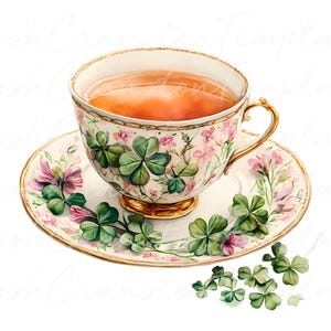 18 Vintage Tea Cup Printable Art, Shamrock Coffee Cup Print, Irish Tea ...