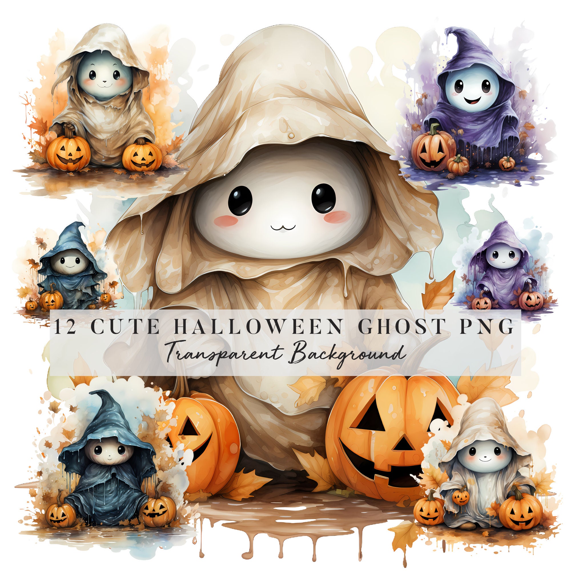 Cute Halloween Watercolor Ghosts Clipart Set, Spooky Halloween Ghost ...