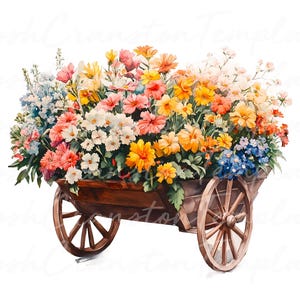 12 Floral Spring Cart Clipart, Digital Watercolor Flowers PNG, Spring ...