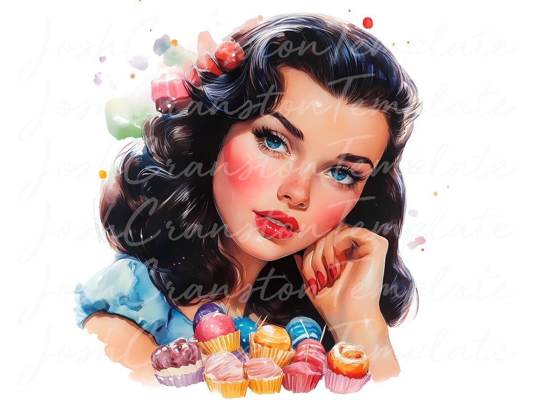 20 Retro Vintage Girl Digital Art, Sweet Treats Illustration, Printable ...