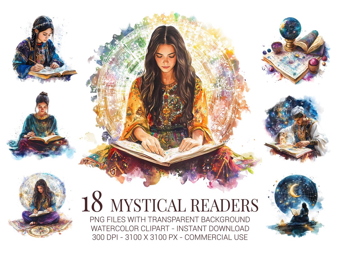 Mystical Reader Clipart Set, 18 Watercolor Magic Book Illustrations ...