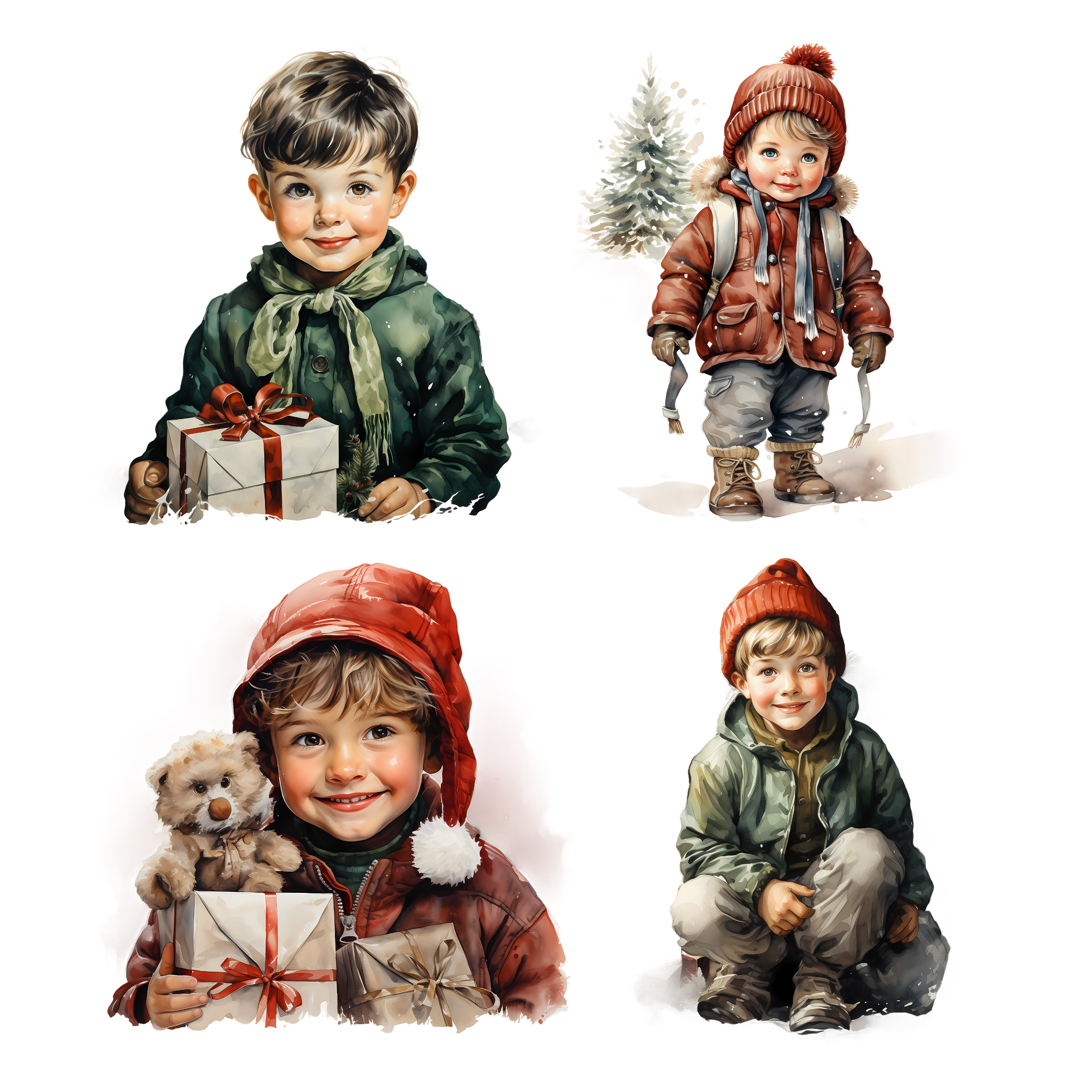 17 Retro Christmas Little Boy Clipart, Watercolor Little Boy With ...