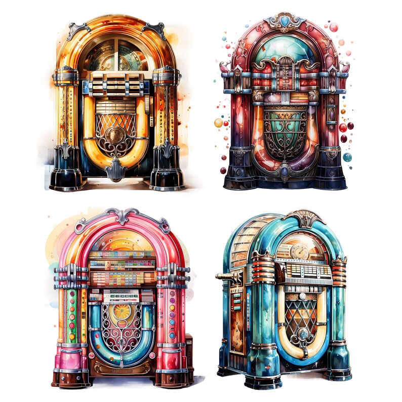20 Retro Jukebox Clipart, Watercolor Jukebox With Transparent ...