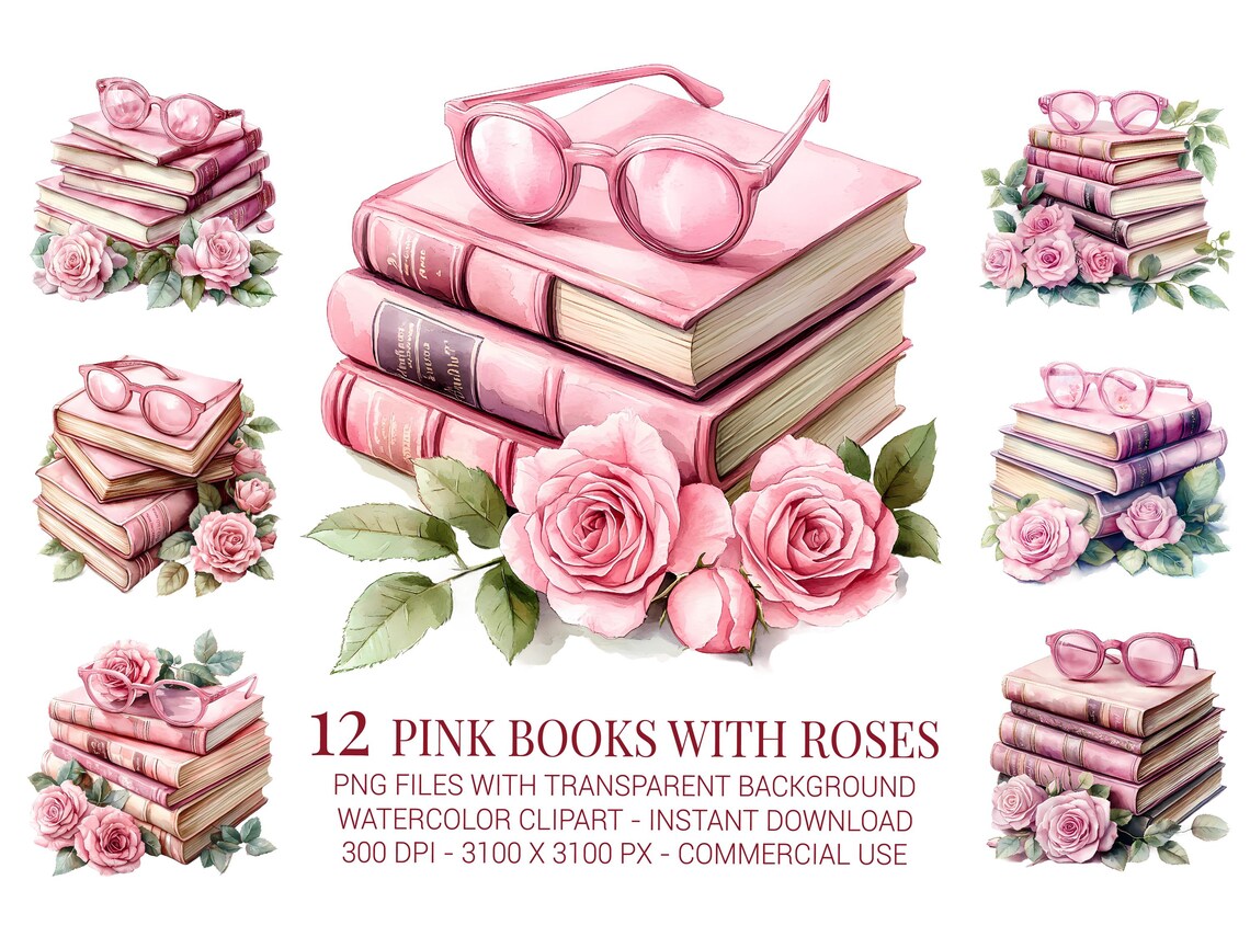 Pink Book Stack Clipart: Vintage Floral Illustration (digital Download ...