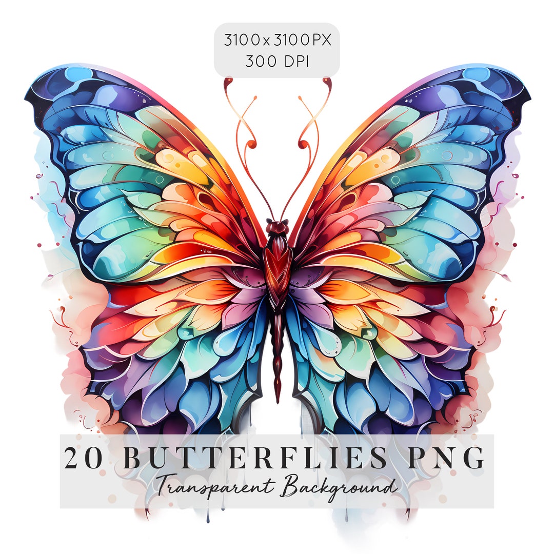 20 Rainbow Butterflies Clipart, Watercolor Butterfly, Transparent ...