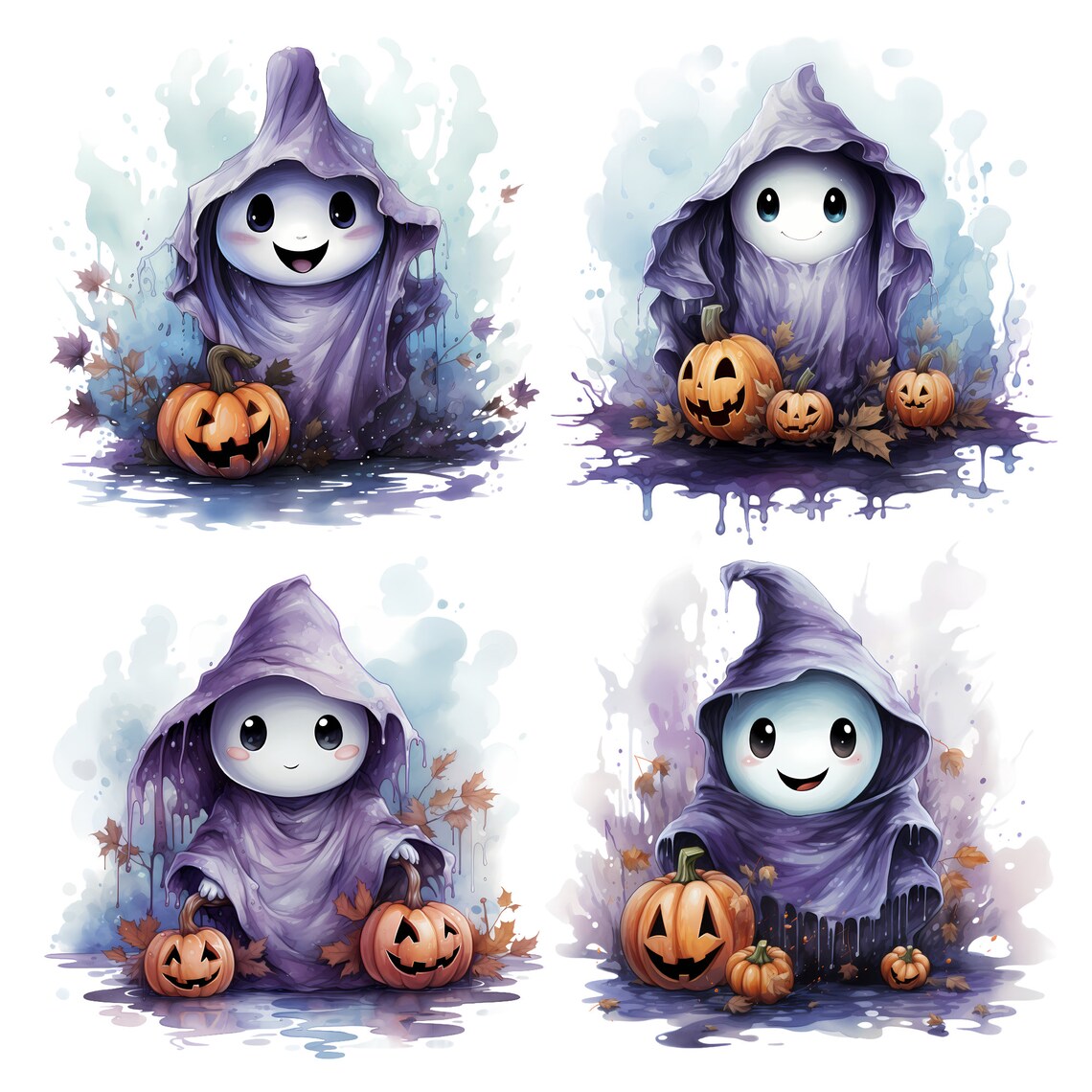 Cute Halloween Watercolor Ghosts Clipart Set, Spooky Halloween Ghost ...