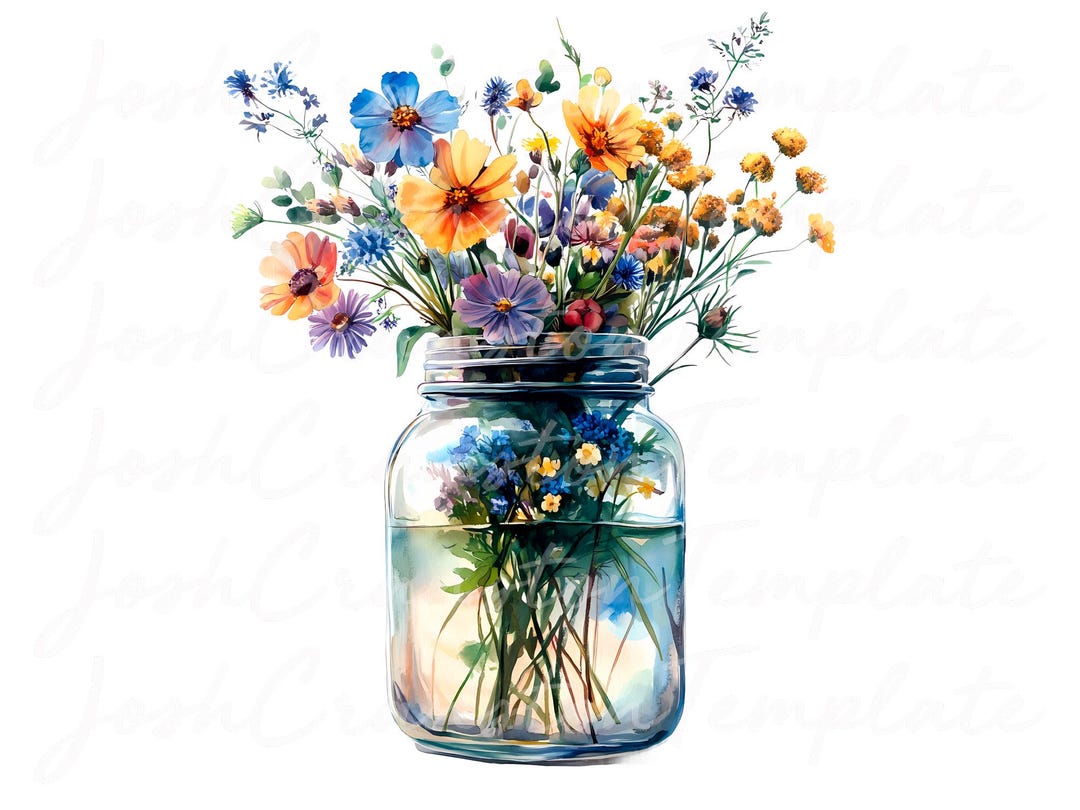 20 Spring Flower Bouquet Clipart, Digital Floral Art, Mason Jar Flowers ...