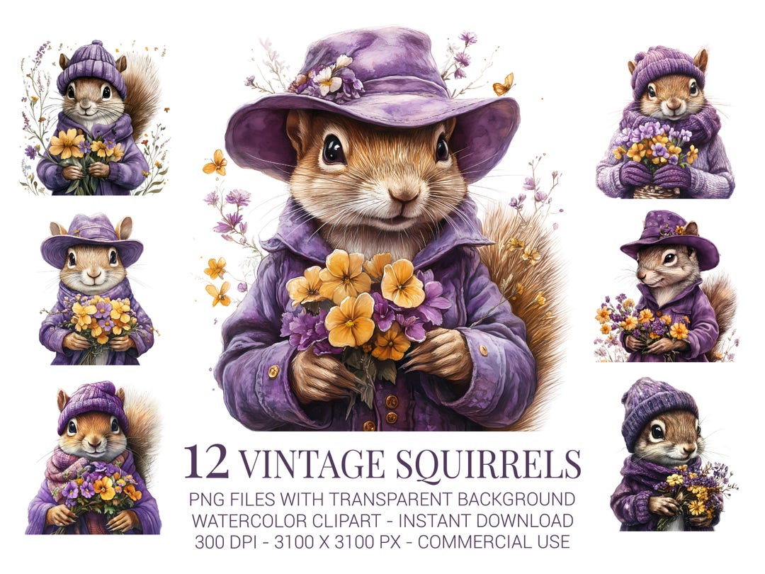 Vintage Squirrels Clipart, 12 Watercolor Illustrations of Cute ...