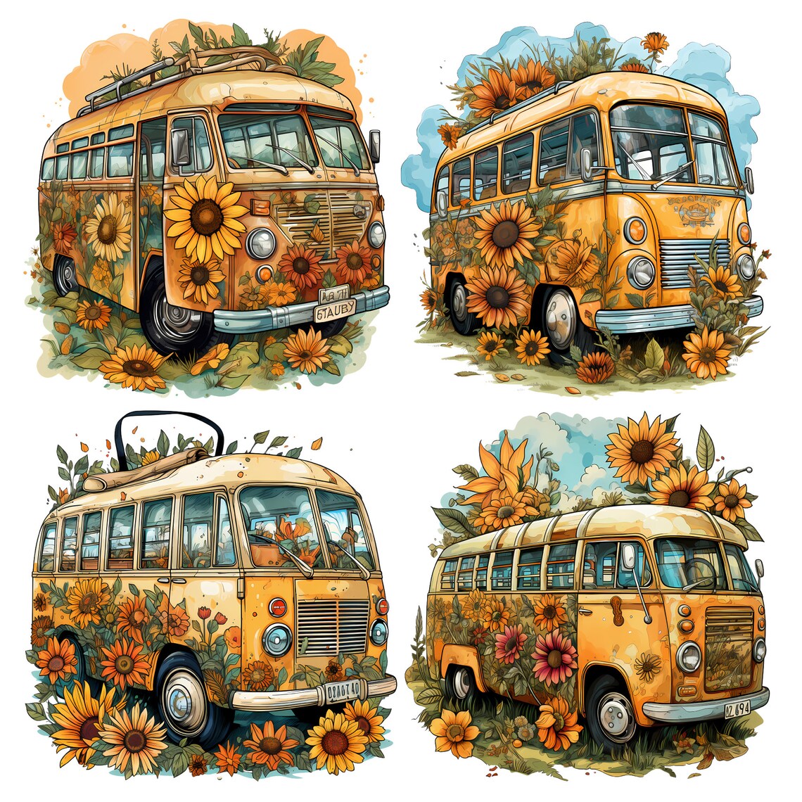 Hippie Bus With Sunflowers Clipart Set, Watercolor Bus Png, Yellow ...