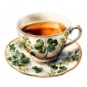 18 Vintage Tea Cup Printable Art, Shamrock Coffee Cup Print, Irish Tea ...