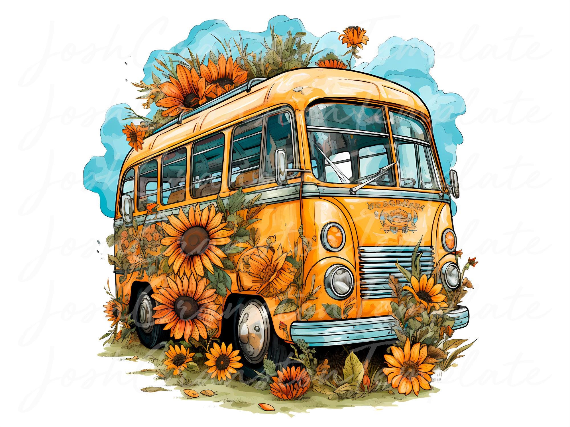 12 Vintage Floral Bus Art Print, Retro Sunflower Bus Illustration, Boho ...