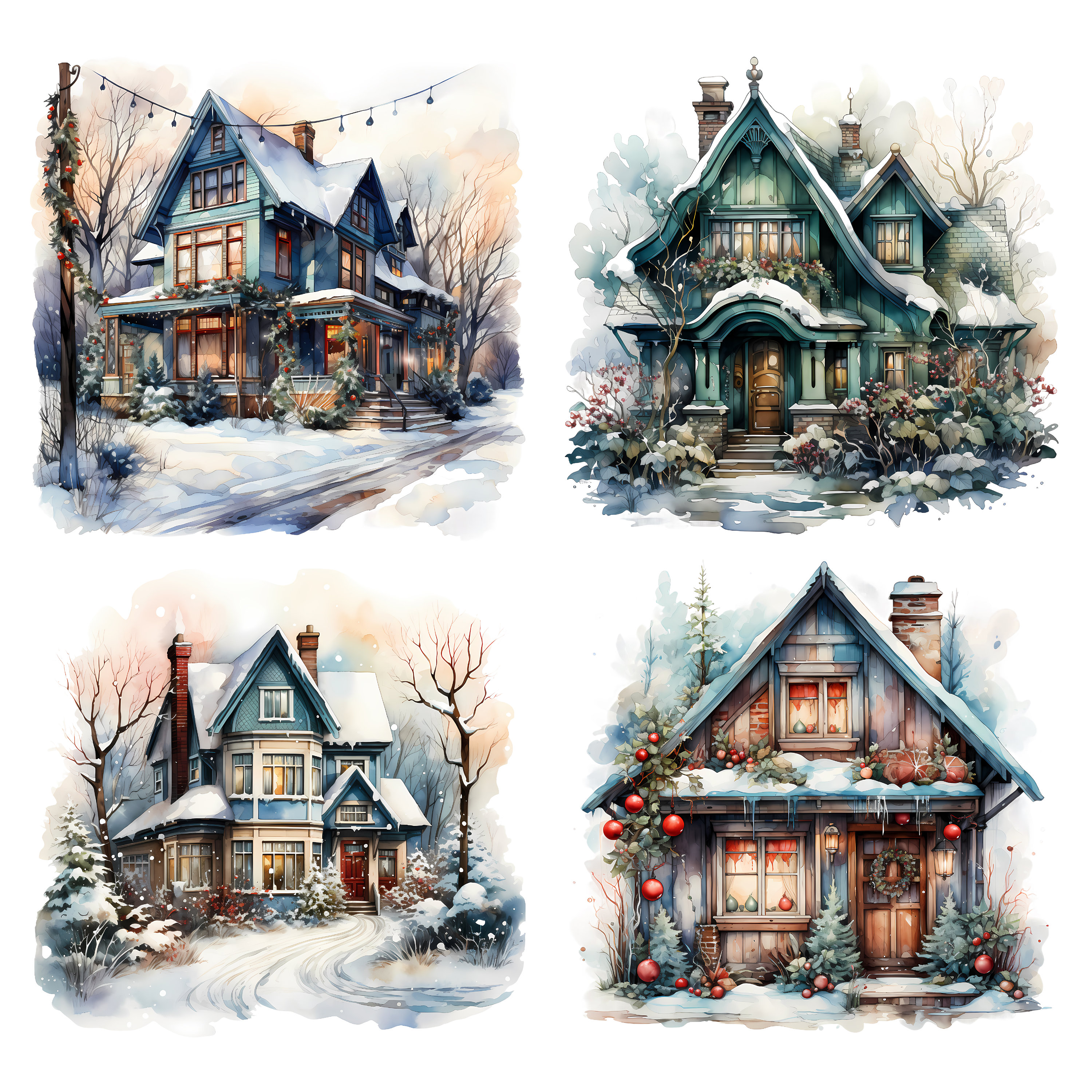 23 Christmas House Clipart, Watercolor House With Transparent ...