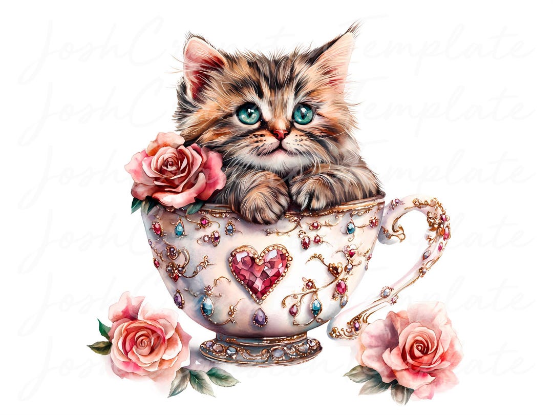 11 Cute Kitten in Teacup Digital Art, Valentine Cat Printable, Wedding ...