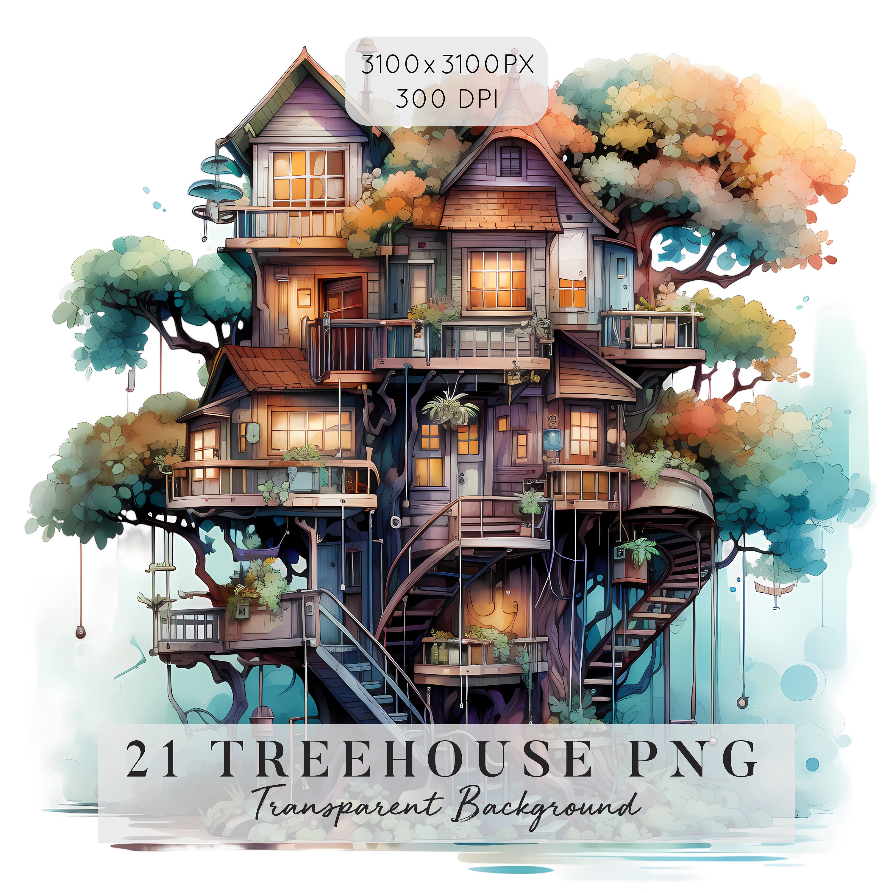 21 Treehouse Clipart With Transparent Background, House Tree Watercolor ...