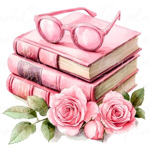 12 Vintage Books Clipart, Pink Book Stack, Spring Floral Illustration ...