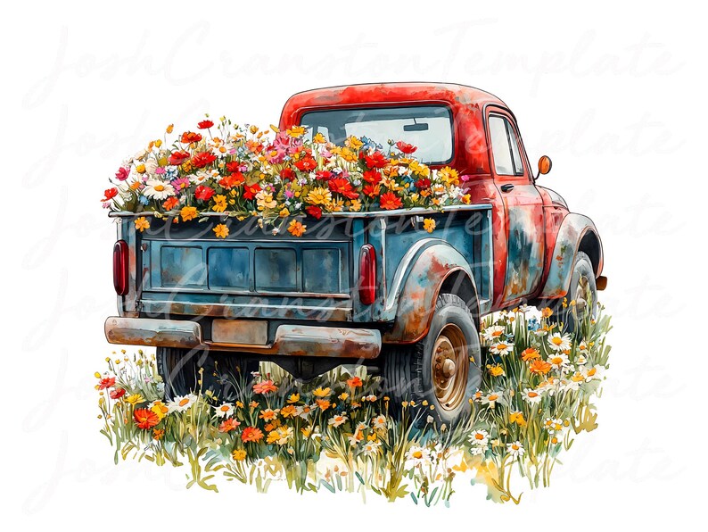 Vintage Truck Spring Flowers Clipart: Watercolor Floral (digital ...