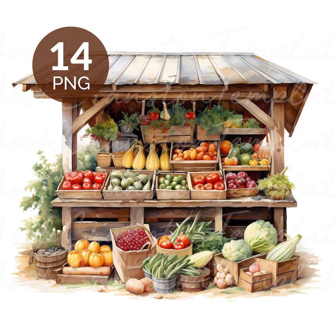 Farmers Market Watercolor Clipart: Rustic PNG Illustrations (digital ...