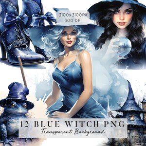 12 Blue Witch Clipart, Watercolor Witch With Transparent Background ...