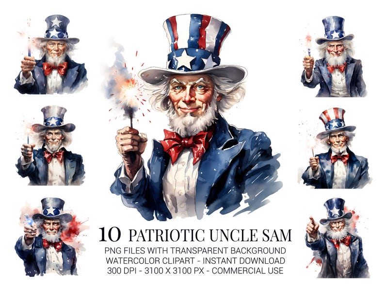 Patriotic Uncle Sam Clipart, 10 Watercolor Illustrations With Fireworks ...