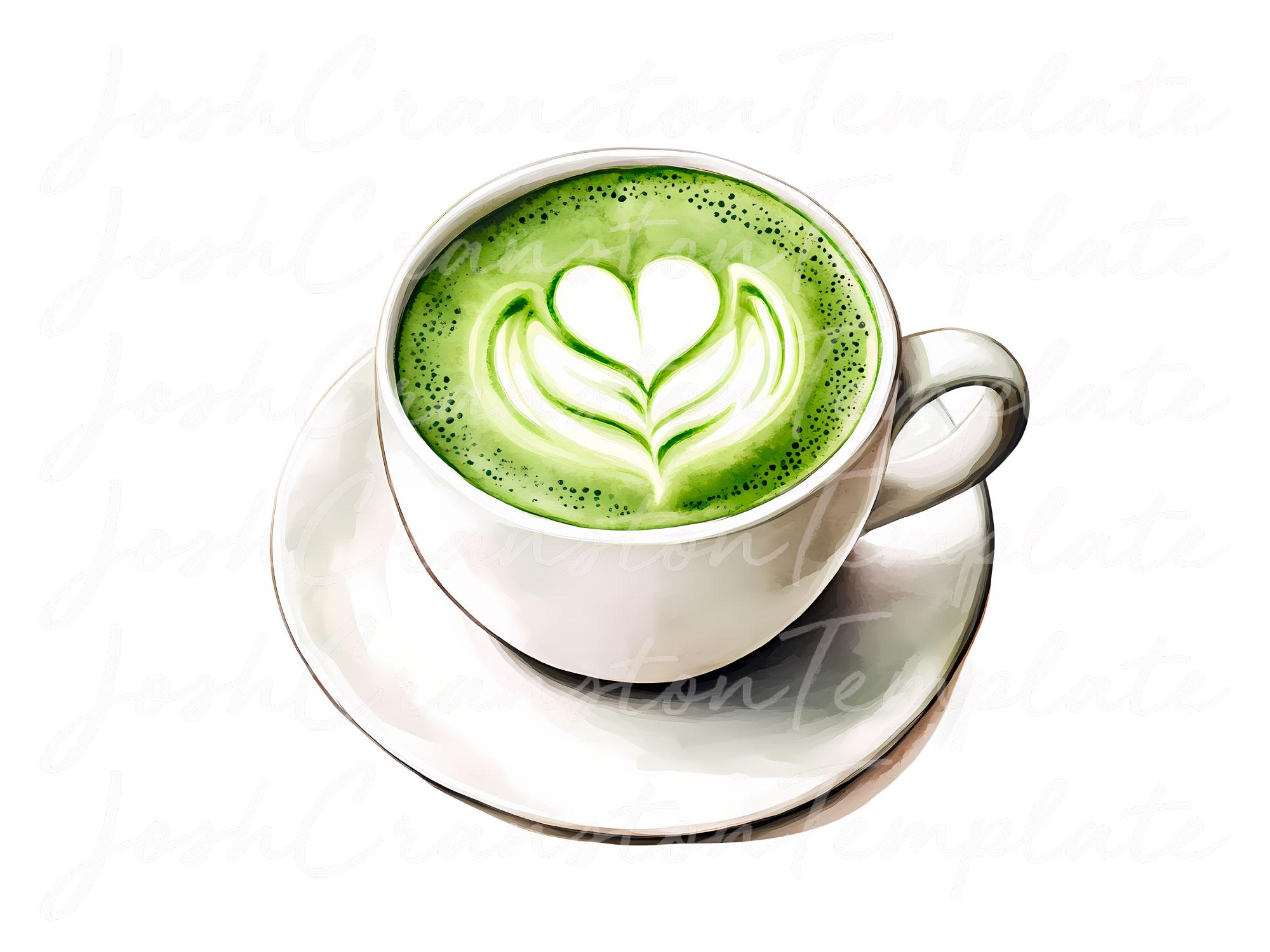 Matcha Latte Clipart Set, 12 Green Tea Watercolor Pngs With Latte Art ...