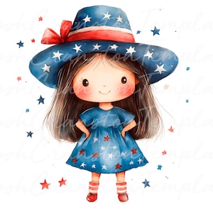 Patriotic Girls Clipart Set, 12 Watercolor Cute Girls in Red White Blue ...