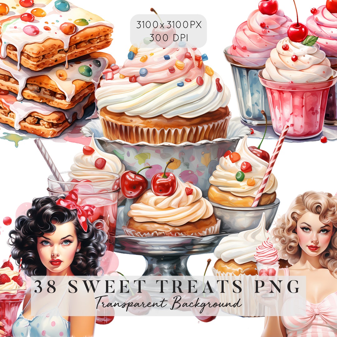38 Sweet Treats Clipart, Watercolor Sweet Treat Bundle, Vintage Woman ...