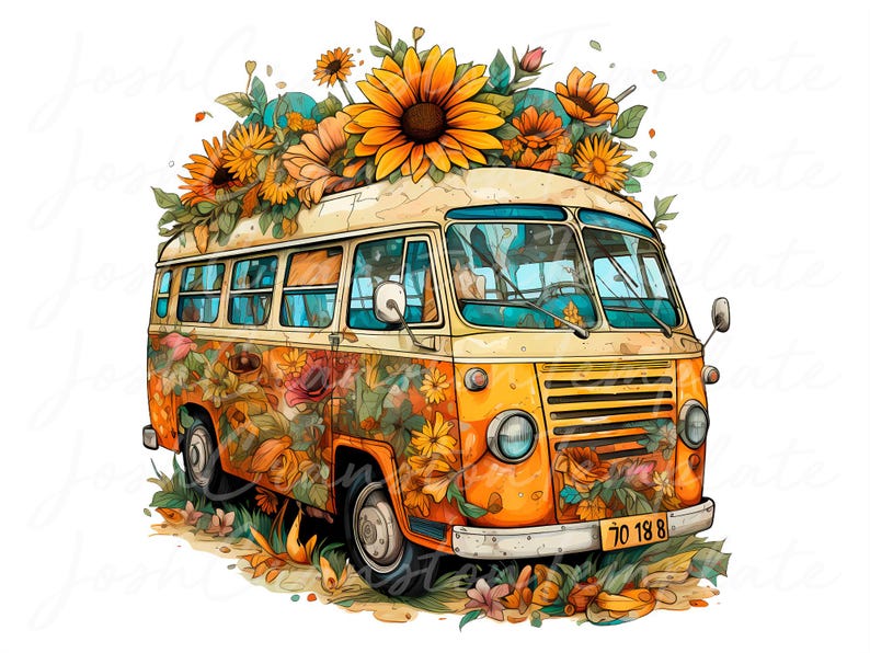 12 Vintage Floral Bus Art Print, Retro Sunflower Bus Illustration, Boho ...
