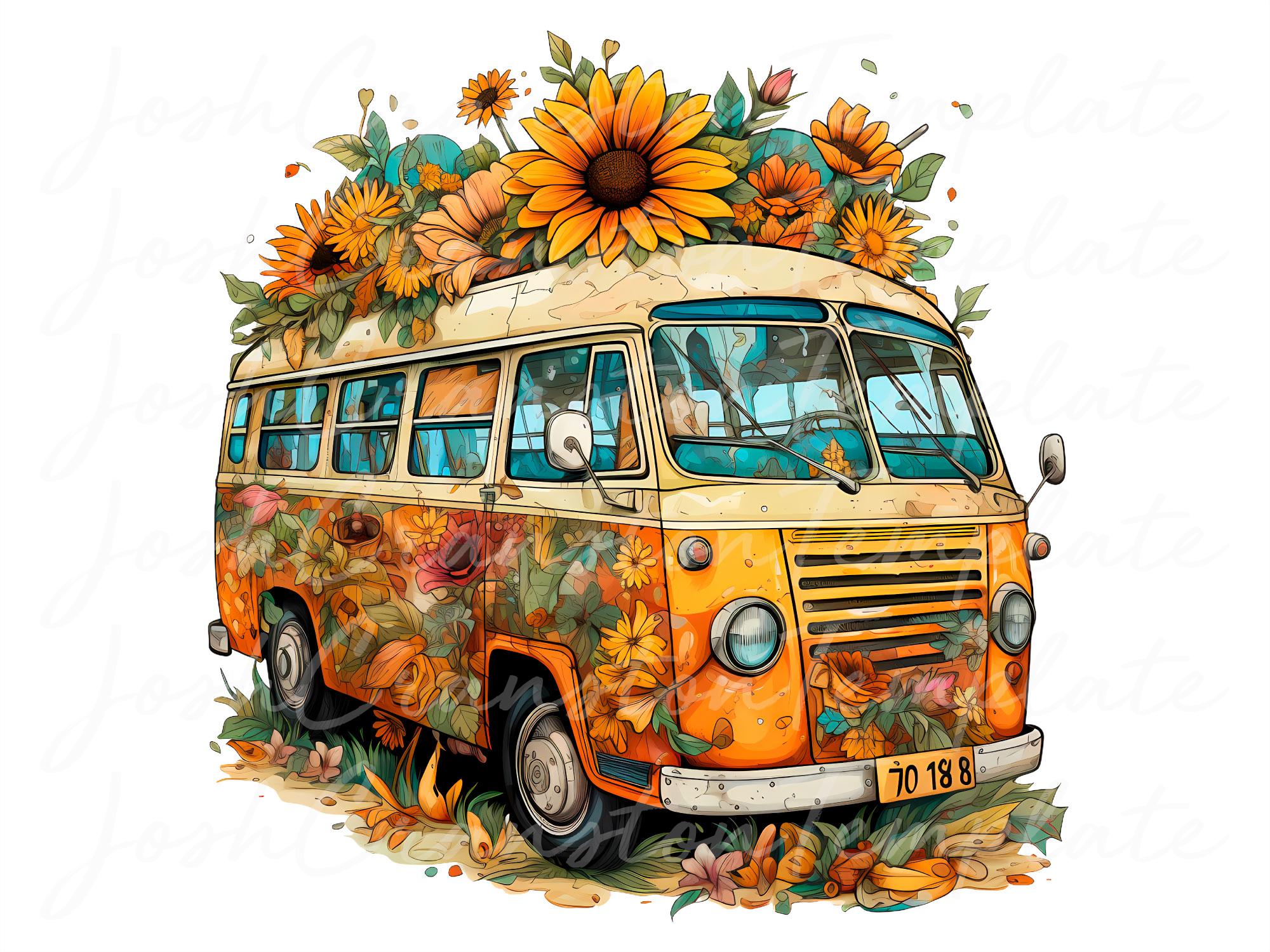 12 Vintage Floral Bus Art Print, Retro Sunflower Bus Illustration, Boho ...