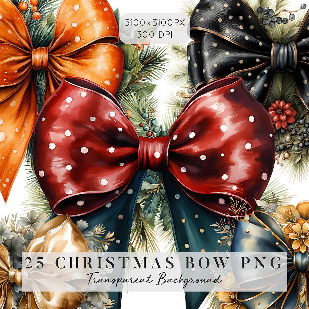 25 Christmas Bow Clipart, Watercolor Bow With Transparetn Background ...