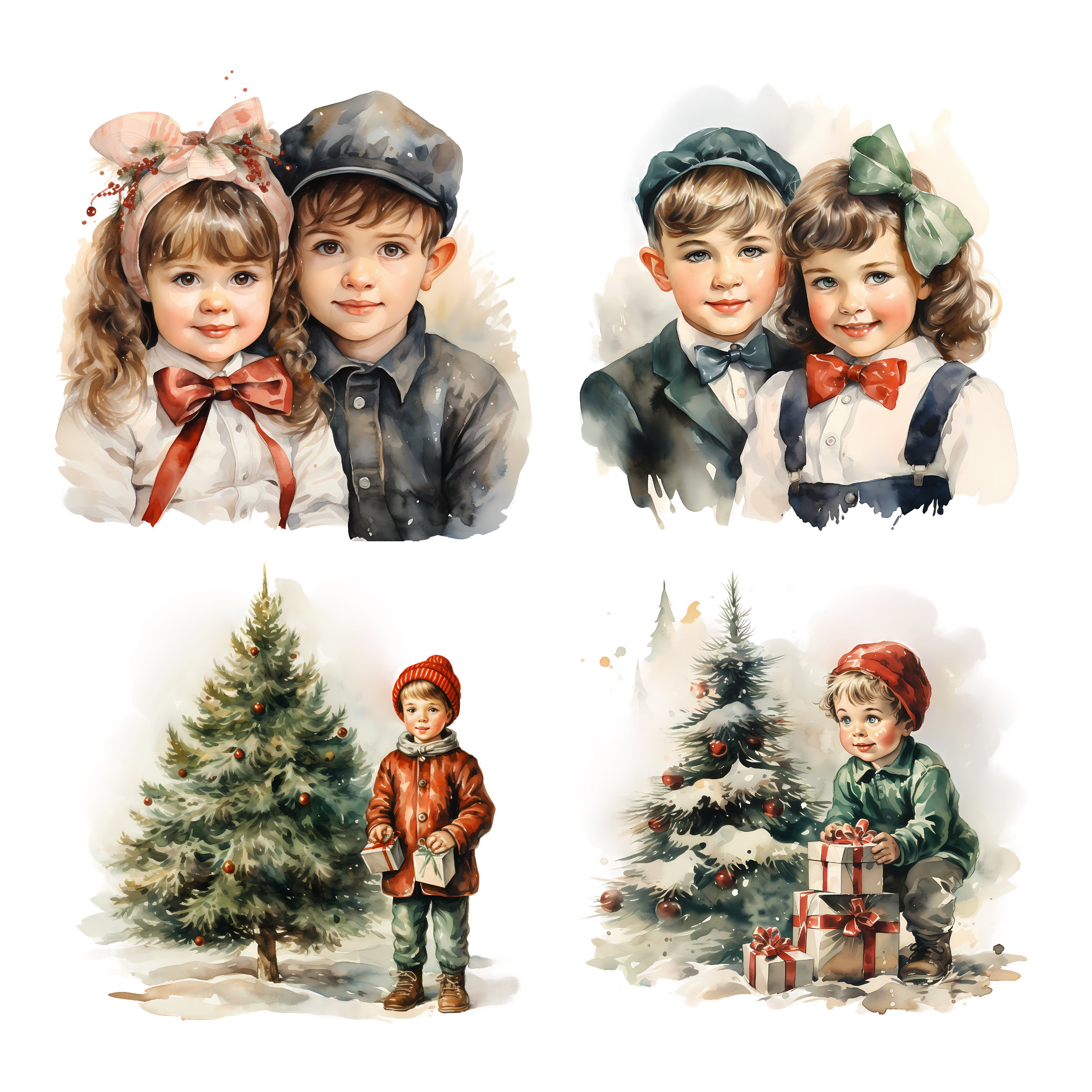 17 Retro Christmas Little Boy Clipart, Watercolor Little Boy With ...