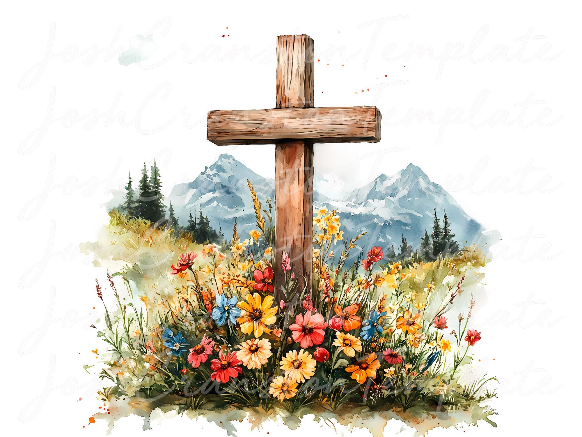 10 Christian Cross Spring Flowers Digital Clipart, Religious Mountain ...
