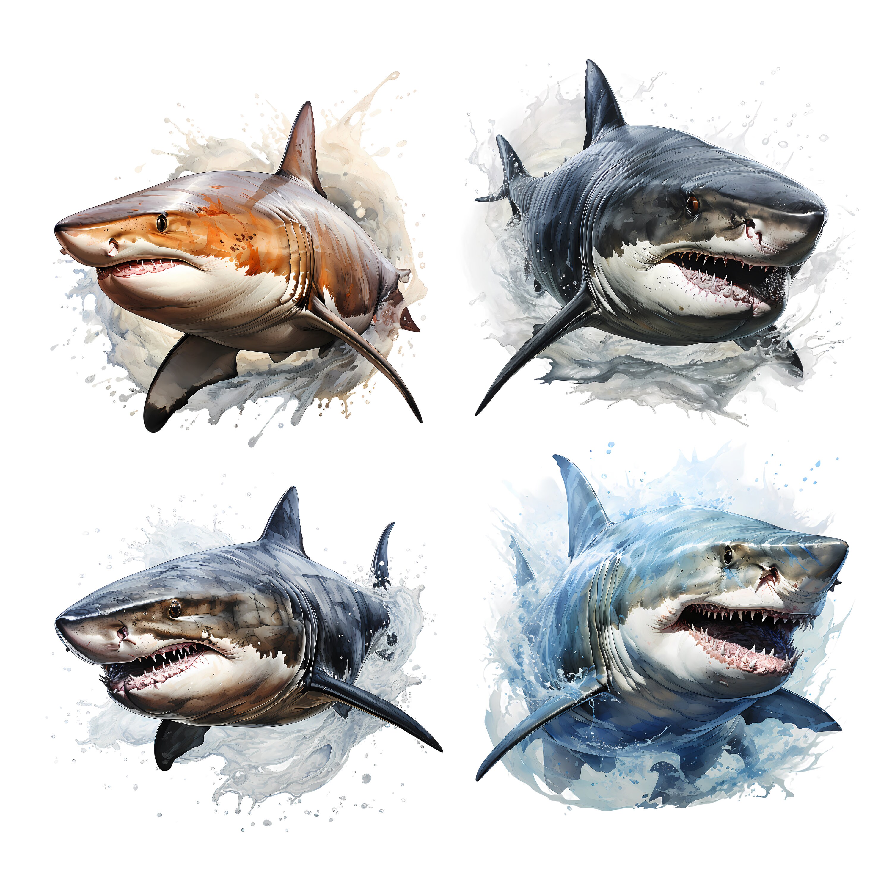 17 Shark Clipart, Watercolor Shark With Transparent Background PNG, Sea ...