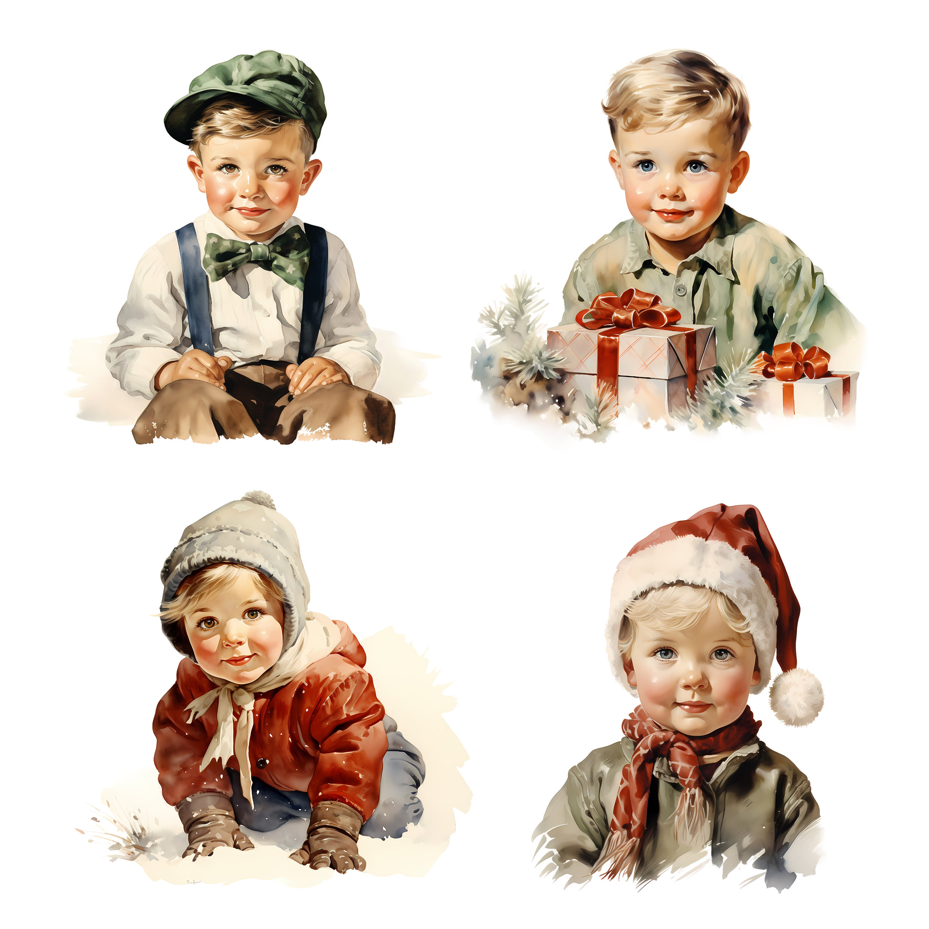 16 Vintage Christmas Little Boy Clipart, Watercolor Little Boy With ...