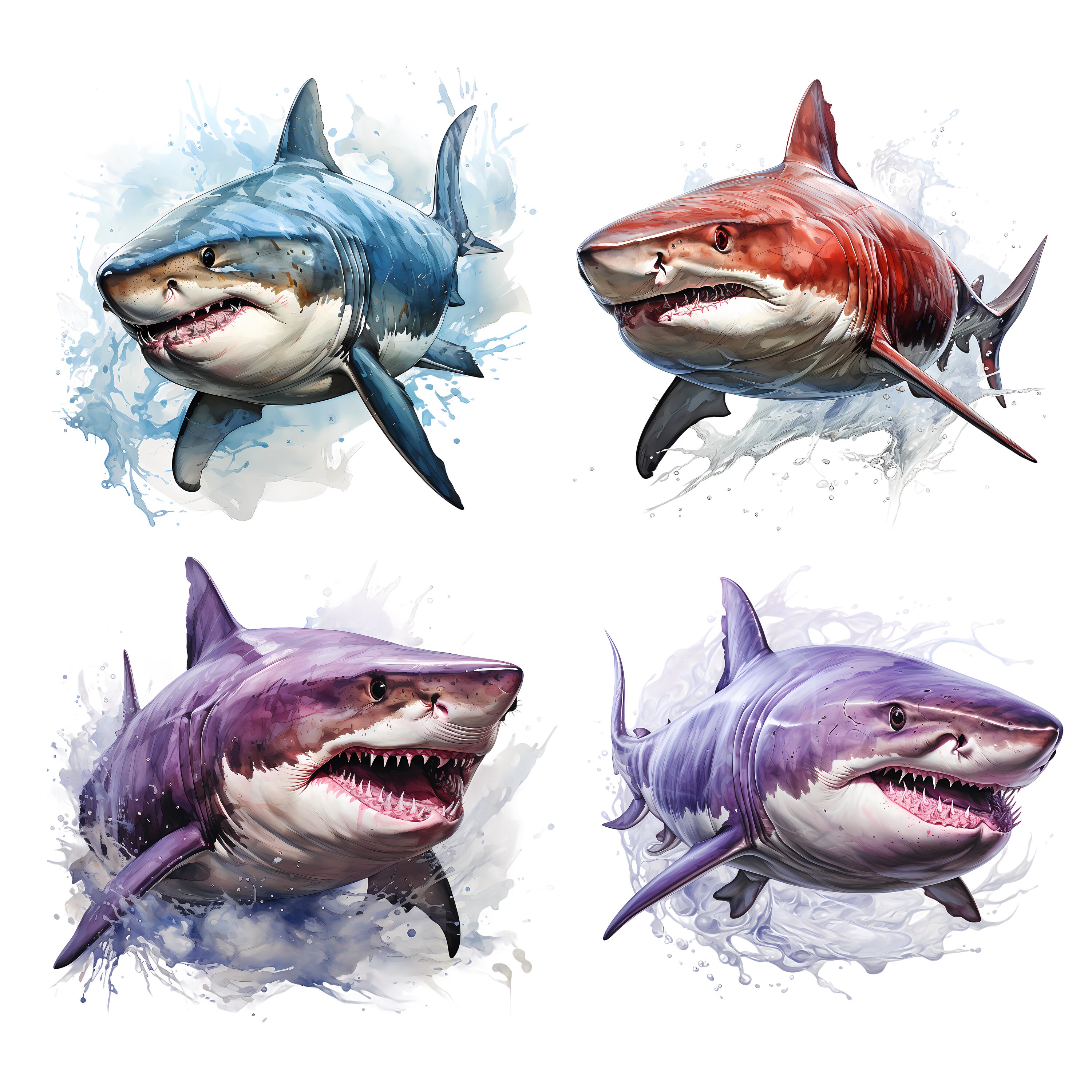 17 Shark Clipart, Watercolor Shark With Transparent Background PNG, Sea ...