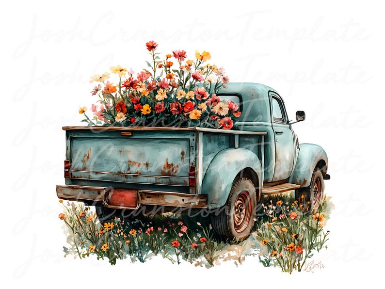 Vintage Truck Spring Flowers Clipart: Watercolor Floral (digital ...
